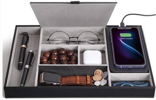 Valet Tray, Nightstand Charging Station, PU Leather Desk Drawer ...