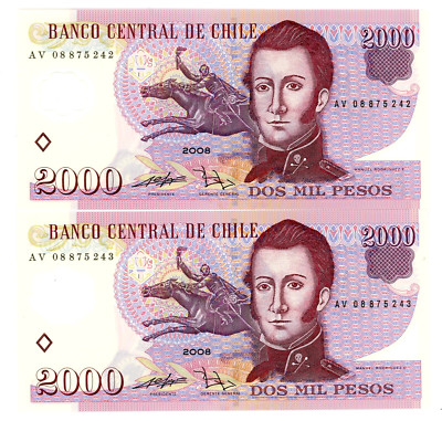 Chile … P-160c … 2.000 Pesos … 2008 … Choice *UNC* Consecutive notes ...