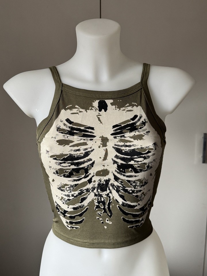 X-Ray Skeleton Rib Print Sleeveless Vest Crop Top Army Green Aesthetic ...