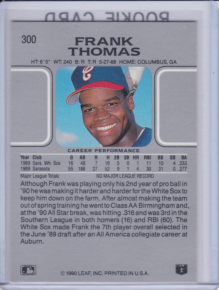 FRANK THOMAS ROOKIE CARD 1990 Leaf #300 Baseball CHICAGO WHITE SOX ...