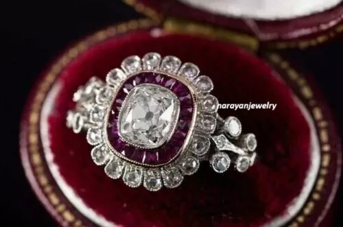 Antique Art Deco Cushion Lab Created Diamond & Ruby Engagement Ring 925 ...