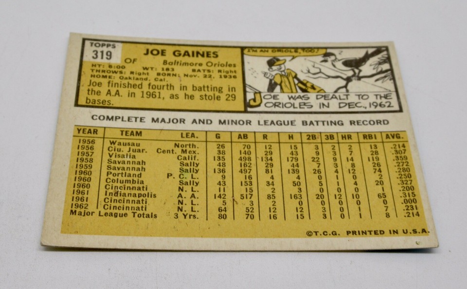 Joe Gaines 1963 Baltimore ORIOLES OF Topps #319 Baseball Trading Card ...