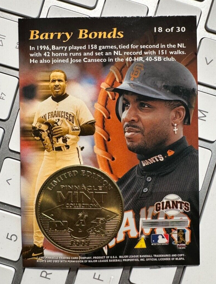 1997 Pinnacle Mint Barry Bonds #18 + Brass Coin Baseball Trading Card ...