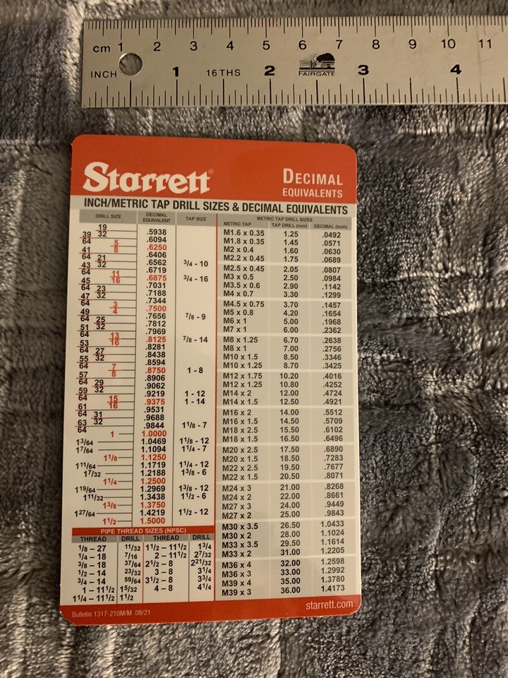 Starrett Inch Tap /drill And metric equivalent pocket charts 2pcs Dbl ...