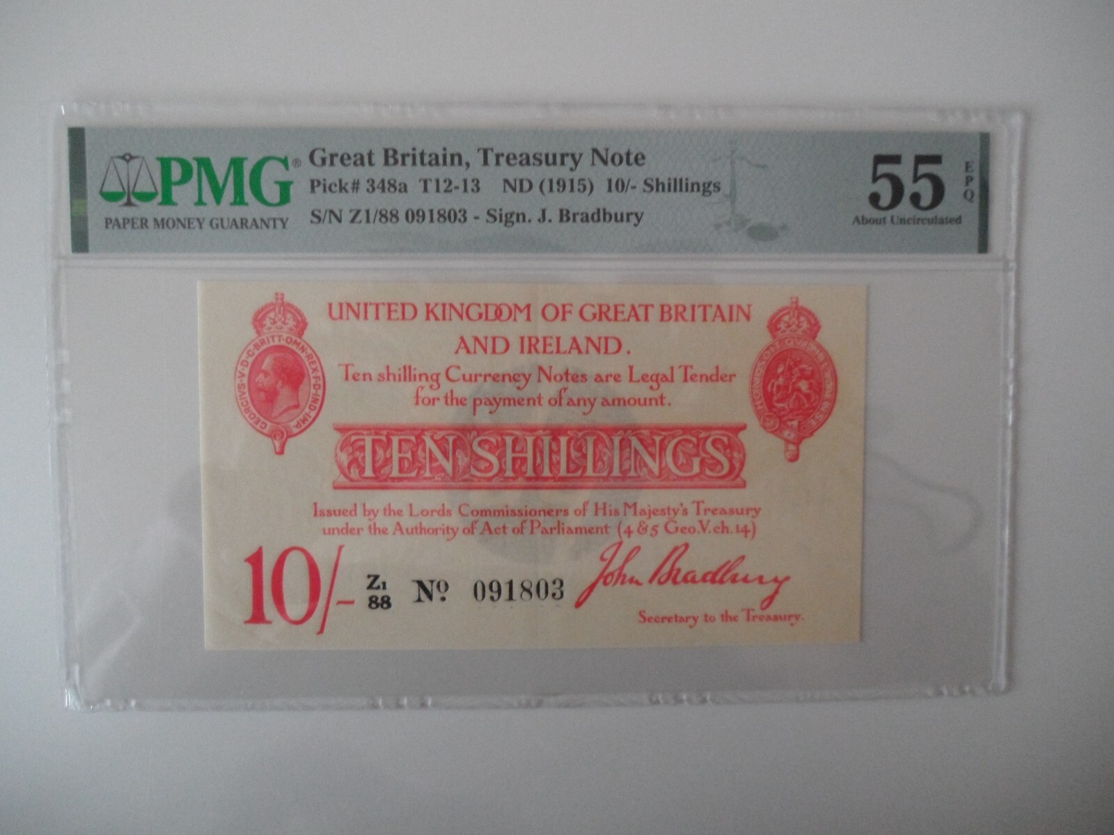 BoE Treasury note T12-13 P348a 10 shilling Z1 88 091803 John Bradbury ...