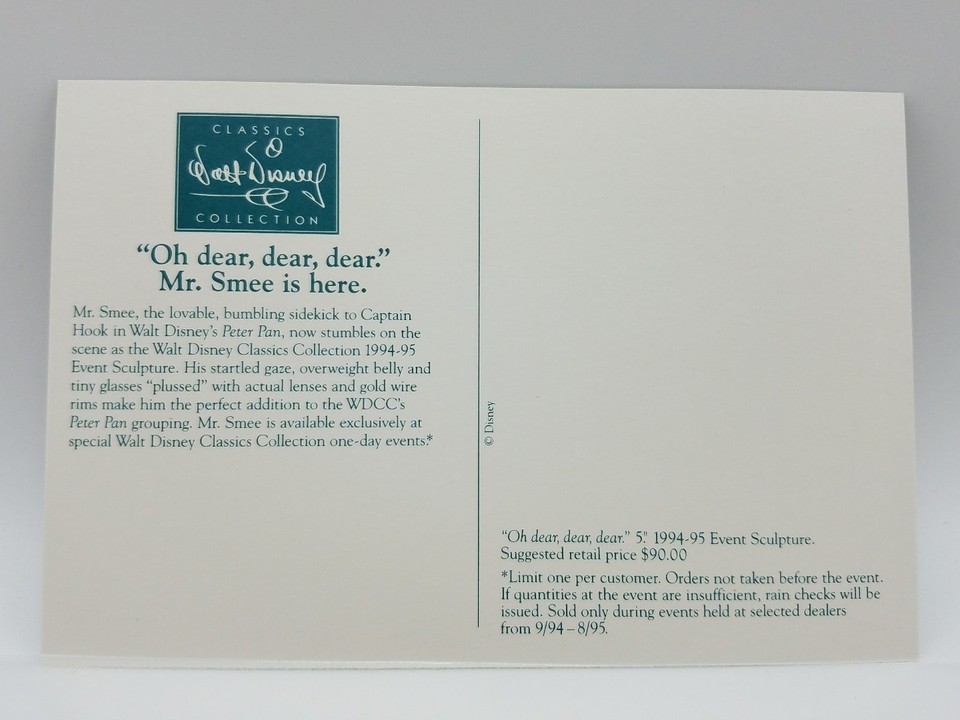 WDCC Disney Post Card Mr Smee Oh Dear Dear Dear Peter Pan 1994 Event 4 ...