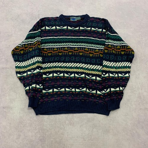 Vintage Knitted Jumper abstract patterned grandad knit sweater Men's L ...