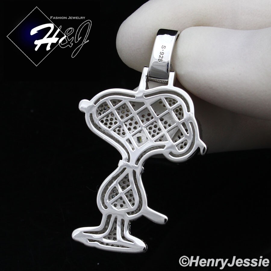 MEN SOLID 925 STERLING SILVER FULL ICY BLING CZ 3D SNOOPY DOG PENDANT ...