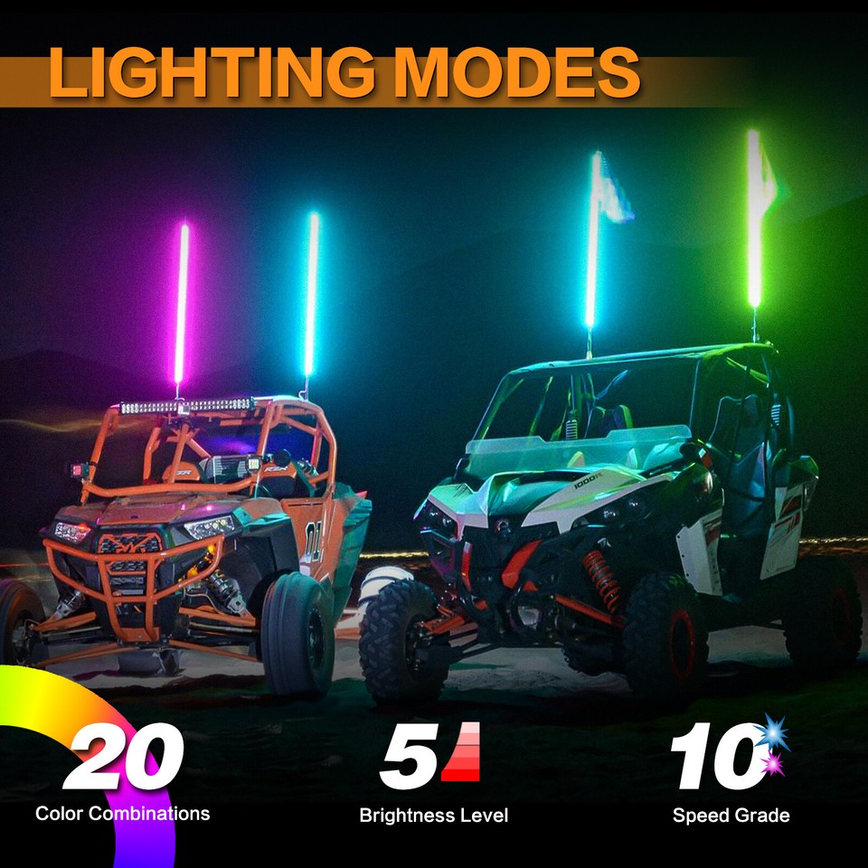 2X 3ft Lighted Spiral LED Whip Antenna w/Flag + 4 Pods RGB Rock Lights ...