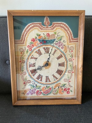 Vintage Needlepoint Wall Clock Wood Frame Handmade 17.5" x 13.5" x 3.25 ...
