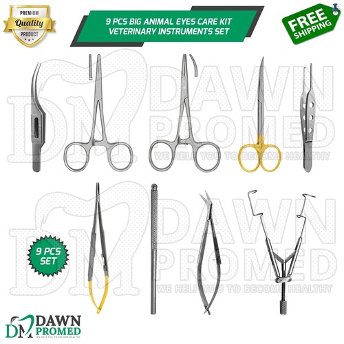 9 Pcs Big Animal Eyes Care Kit German Grade Veterinary Instruments Set ...