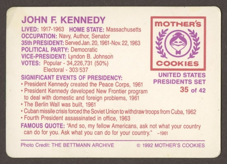John F Kennedy 1992 Mothers Cookies Presidents Trading Card | eBay