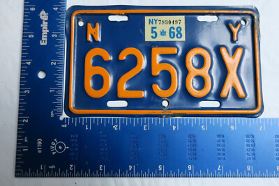 1968 68 NEW YORK NY MOTORCYCLE MC LICENSE PLATE TAG #6258X NATURAL ...