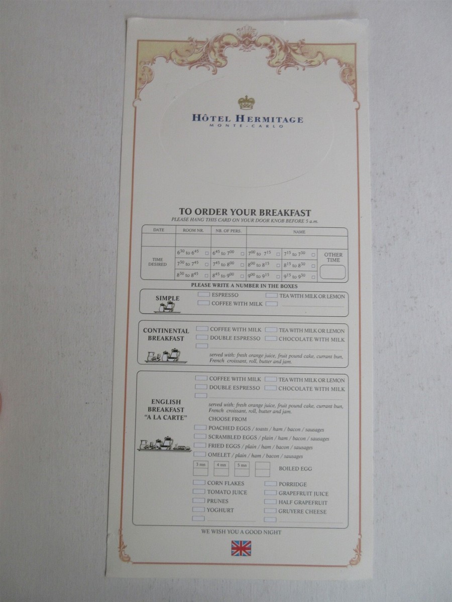 Monte Carlo Room Service Menu