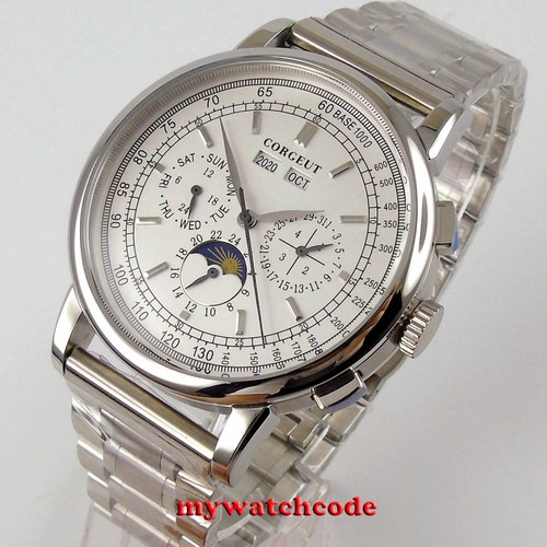 42mm Corgeut white dial date day steel strap multifunction automatic ...