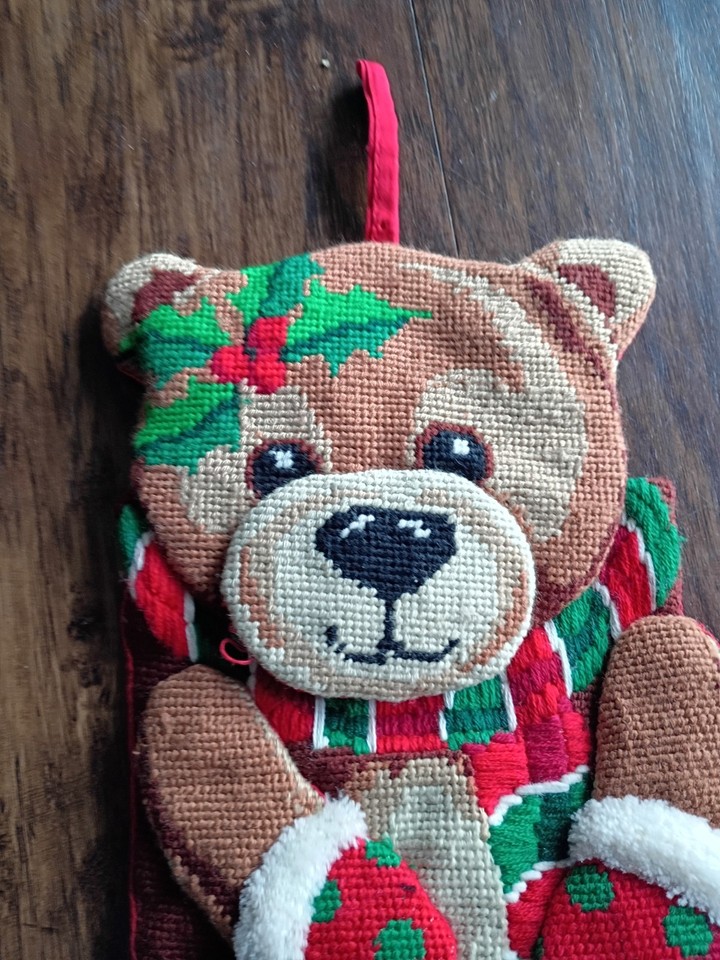 1980s Vintage Needlepoint Christmas Stocking 20" Teddy Bear Holly ...