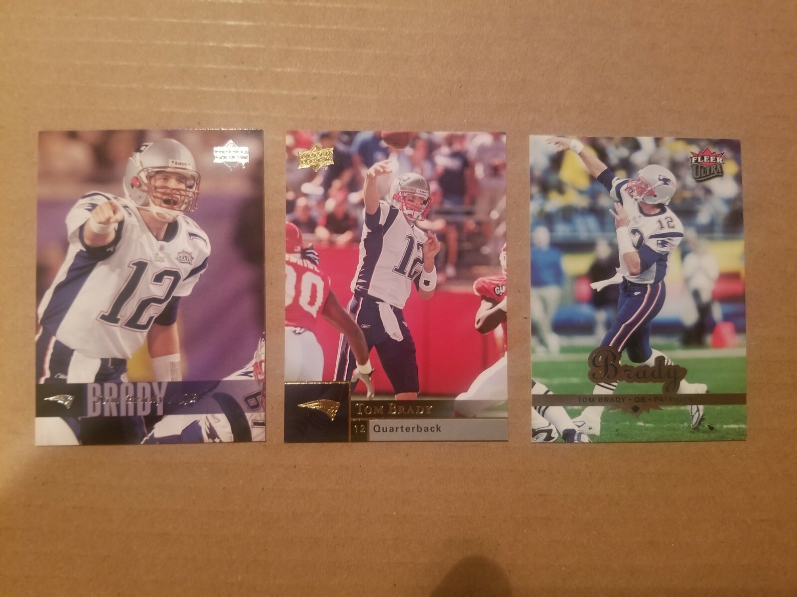 3 Tom Brady Football Cards, EXCELLENT Condition. 2 upper deck 1 fleer ...