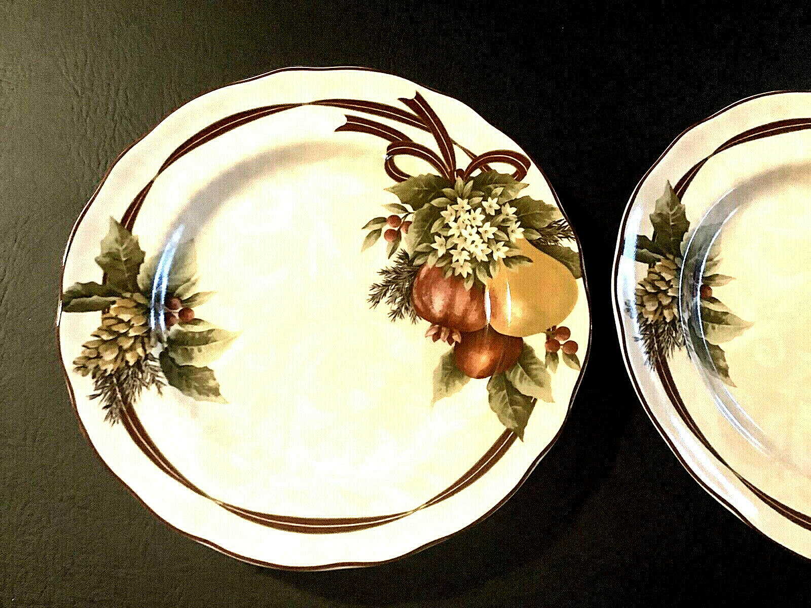 Two 222 Fifth Dinner Plates YULETIDE CELEBRATION Fruit Decoration 11 ...