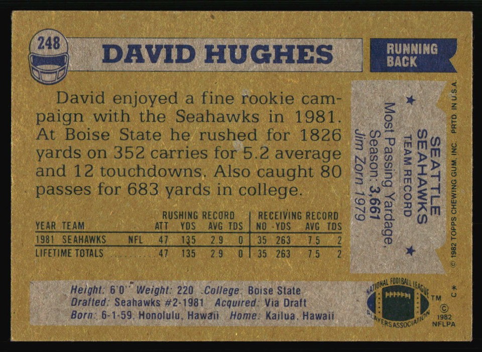 1982 Topps David Hughes Rookie #248 Seattle Seahawks | eBay