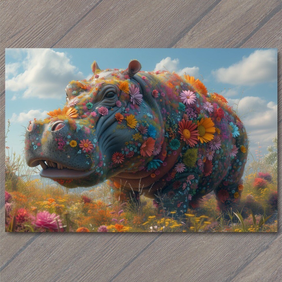 8.5x11" Hippo Covered Flowers Colorful Unreal Strange Cute Fun Unusual ...