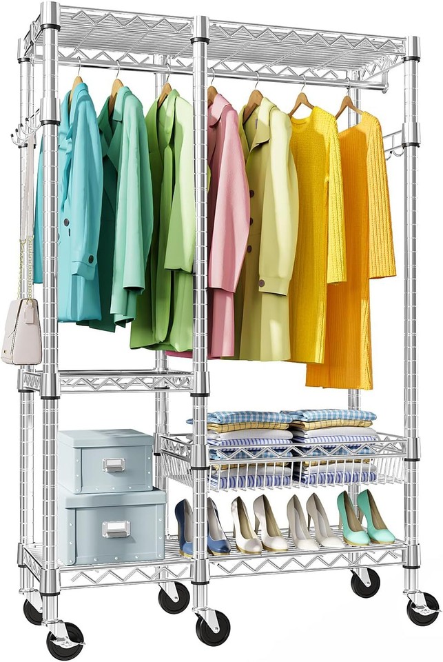 3 Tier Clothes Rack Wheels Heavy Duty Clothing Rolling Garment Rack 1 ...