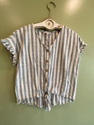 Hayden Top Womens Size M Blue Beige Striped Ruffled Sleeve Button Tie ...