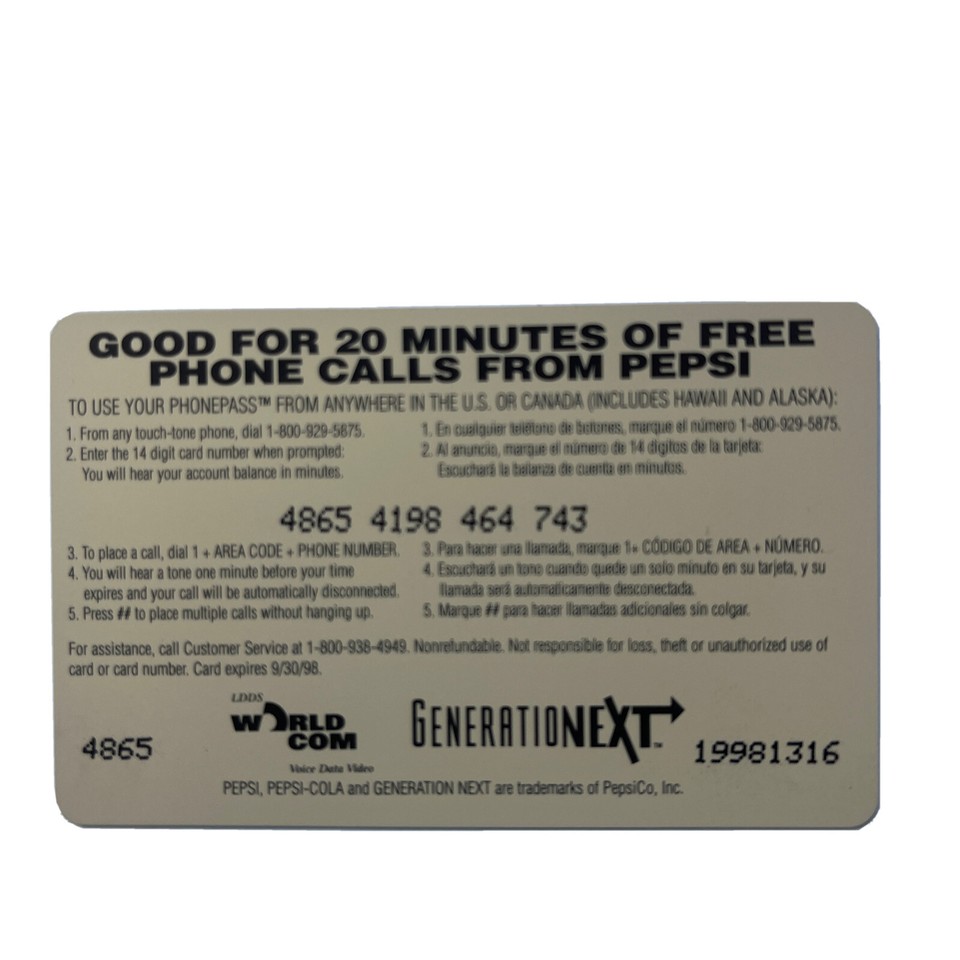 Pepsi 1997 Twenty Minutes Collectors Phone Card | eBay