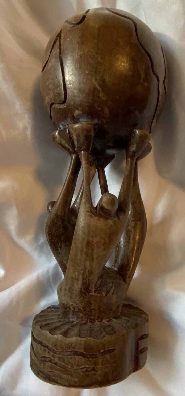 Unity Carved Wooden Statue 3 Men Holding Globe 8" | eBay