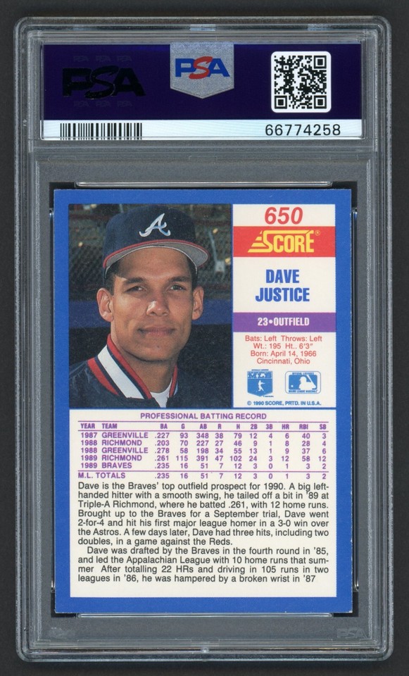 1990 SCORE DAVID JUSTICE #650 ATLANTA BRAVES ROOKIE RC PSA 9 MINT | eBay