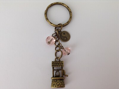KEY RING CHAIN ANTIQUE BRONZE WISHING WELL CHARM LUCKY COIN GLASS BEAD ...