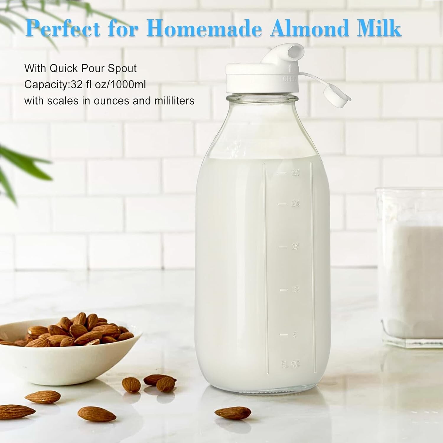 Glass Milk Jugs Bottle 32/64Oz Water Container with Airtight Screw Lid ...