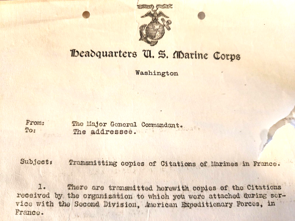 LOT of 4 USMC MARINE CORPS WWI DOCUMENTS AEF FRANCE SERVICE CERTIFICATE ...