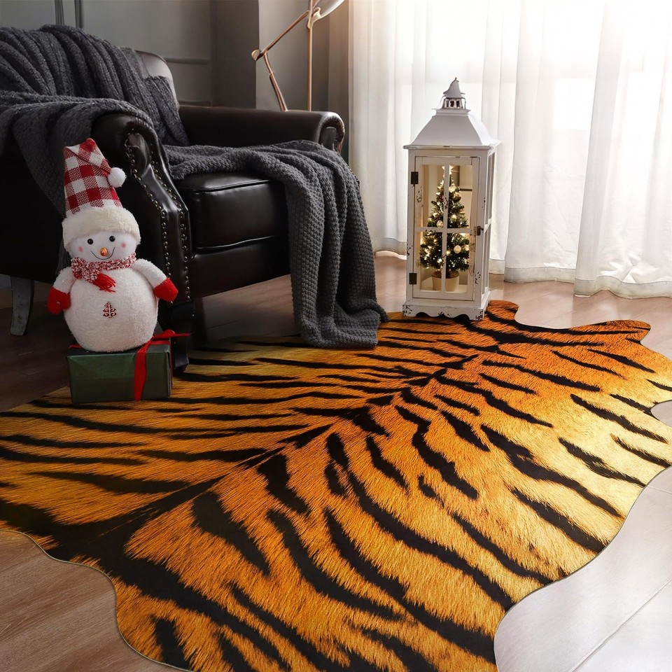 Premium Tiger Print Rug 4.6x5.2 Feet, Machine Washable Faux Fur Rug ...