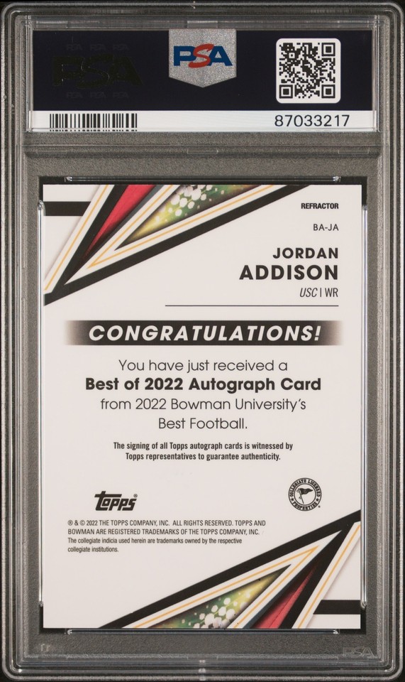 2022 Bowman's Best University Jordan Addison Autograph Refractor PSA 10 ...
