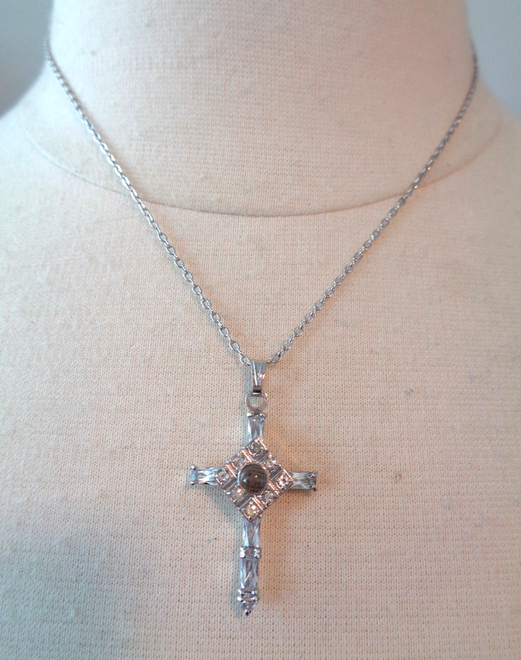 Vintage, Silver Tone, Clear Baguettes Religious Cross Pendant Necklace ...
