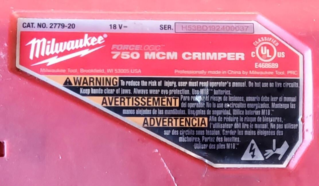 MILWAUKEE 2779-22 M18™ FORCELOGIC™ 750 MCM CRIMPER W/DIES (NO BATTERIES ...