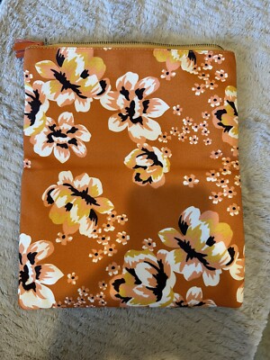 12”x10” ORANGE FLORAL FOLDED MAKEUP TRAVEL CASE CLUTCH ZIP RACHEL PALLY ...