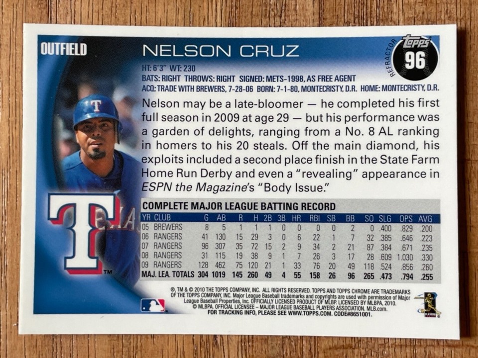 2010 TOPPS CHROME BASEBALL NELSON CRUZ XFRACTOR CARD No.96 Rangers | eBay