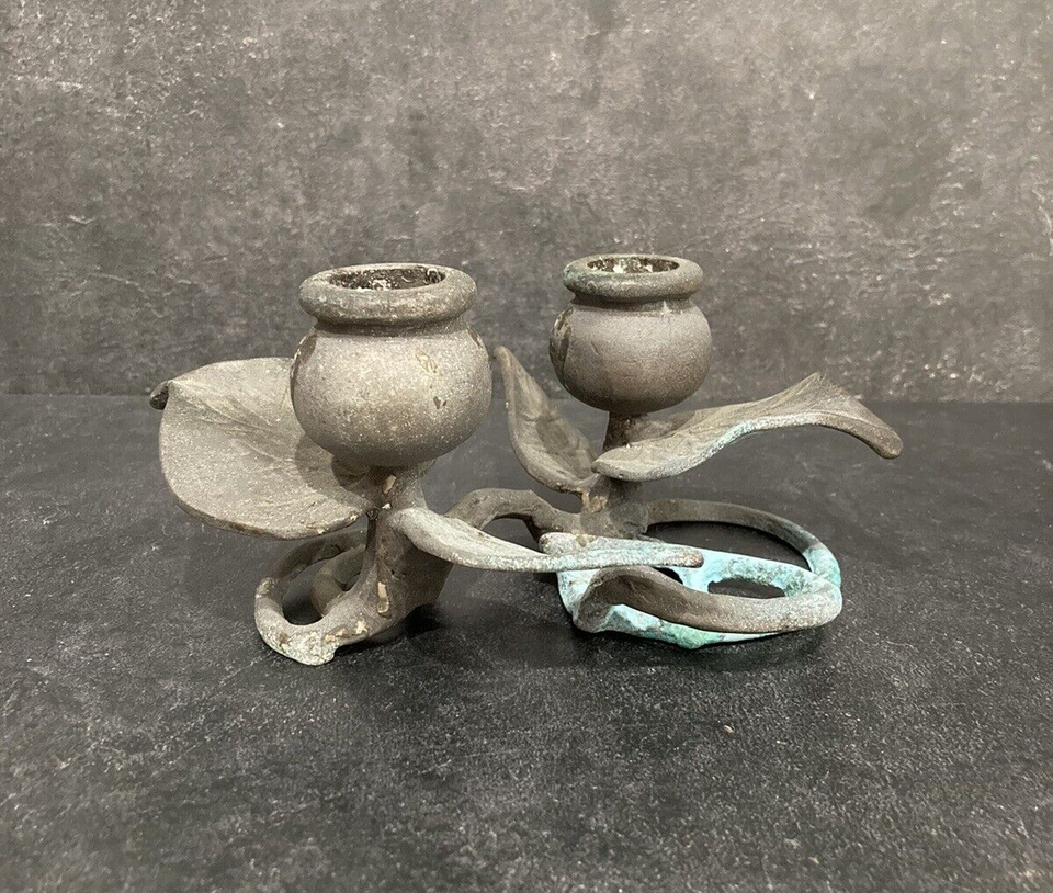 VTG Cast Iron Verdigris Double Candlestick Holder Leaves Tulip Design ...