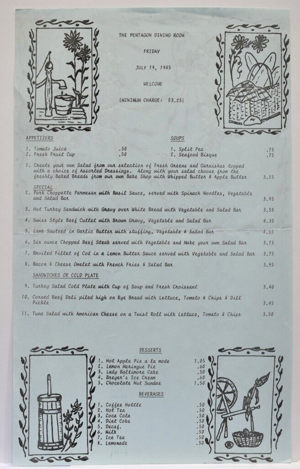 Vintage 1985 The Pentagon Dining Room Restaurant Menu Washington DC | eBay