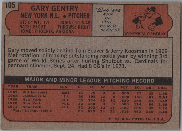 1972 Topps - #105 Gary Gentry for sale online | eBay