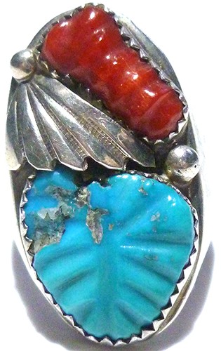 LOYOLITA TSATTE ZUNI STERLING SILVER CARVED TURQUOISE & CORAL ESTATE ...
