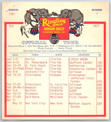 Ringling Bros. B&B Circus 1981 Route Card Florida Virginia Madison ...