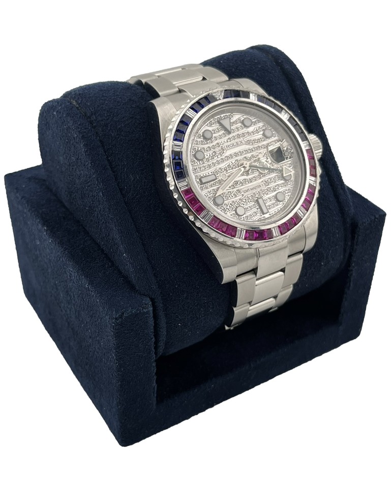 Rolex GMT-Master II Steel Diamond Dial Ruby/Sapphire Bezel 40mm Watch ...