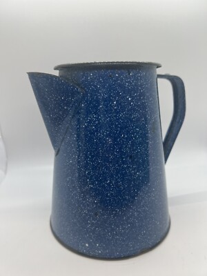 Large Vtg Enamel Ware Blue White Speckled Camping/Cowboy Coffee Pot ...