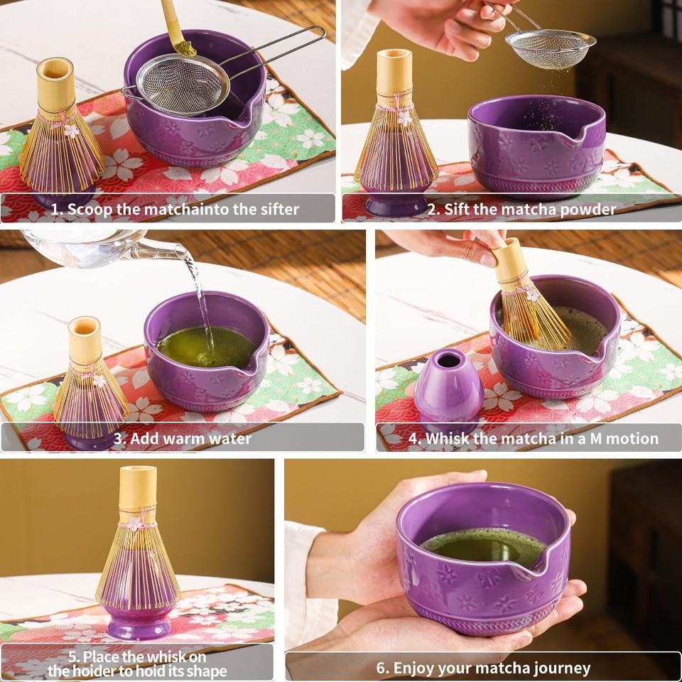 8-Piece Matcha Tea Set with Ceramic Bowls (Flower Pattern), Bamboo ...