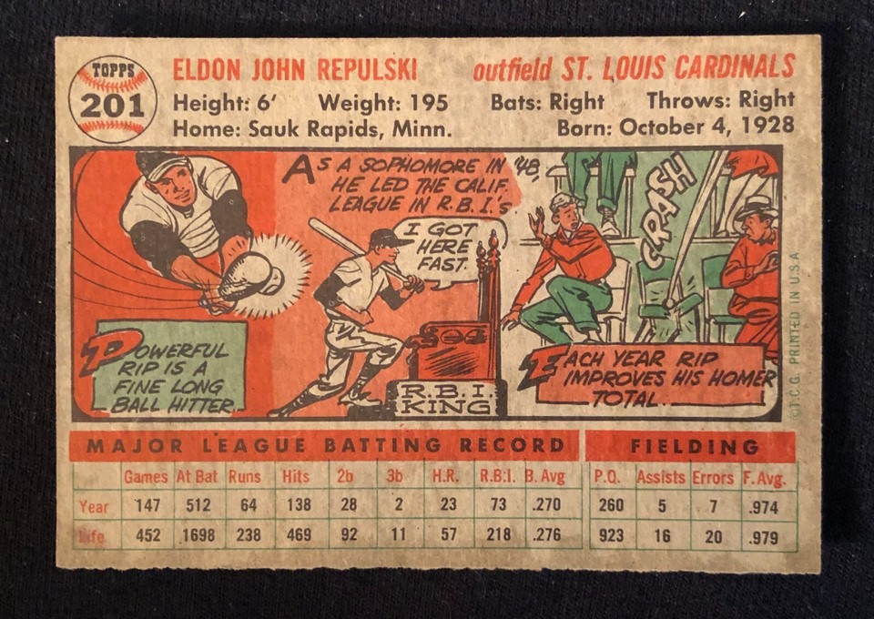 1956 Topps Baseball Card "Rip" Repulski #201 NRMT Range Grey Back CF | eBay