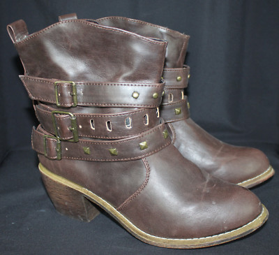 Just 4U Boots Ankle Cowboy Western Slouch Wrinkle Belted Studded Brown ...