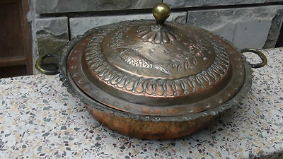 ANTIQUE 19C TINNED COPPER COVERED FISH SERVING PLATTER HAND CRAFTED ...