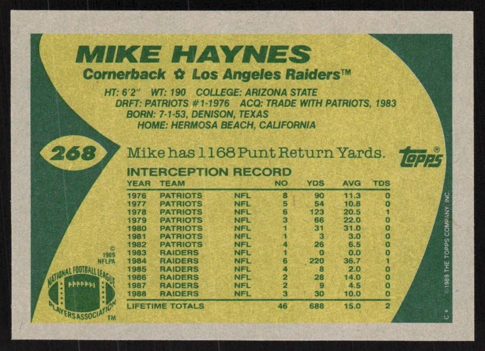 1989 Topps Mike Haynes Los Angeles Raiders #268 | eBay
